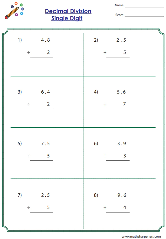 Decimal Division | Free Printable Math Practice Worksheets