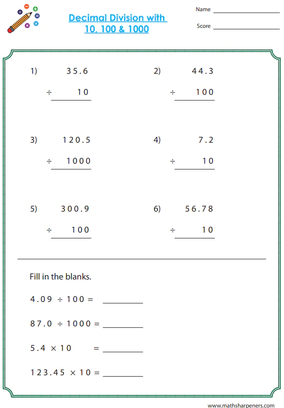 Decimal Division | Free Printable Math Practice Worksheets